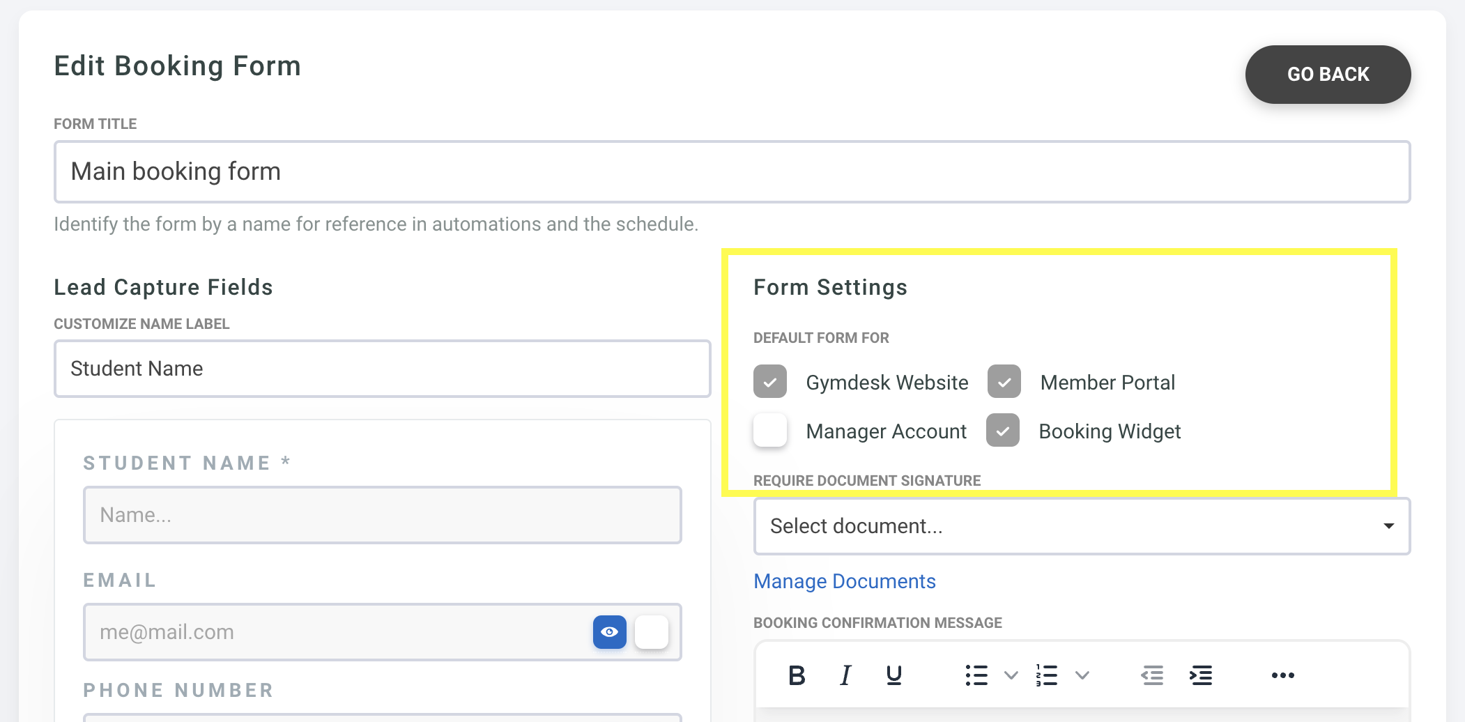 Booking Forms